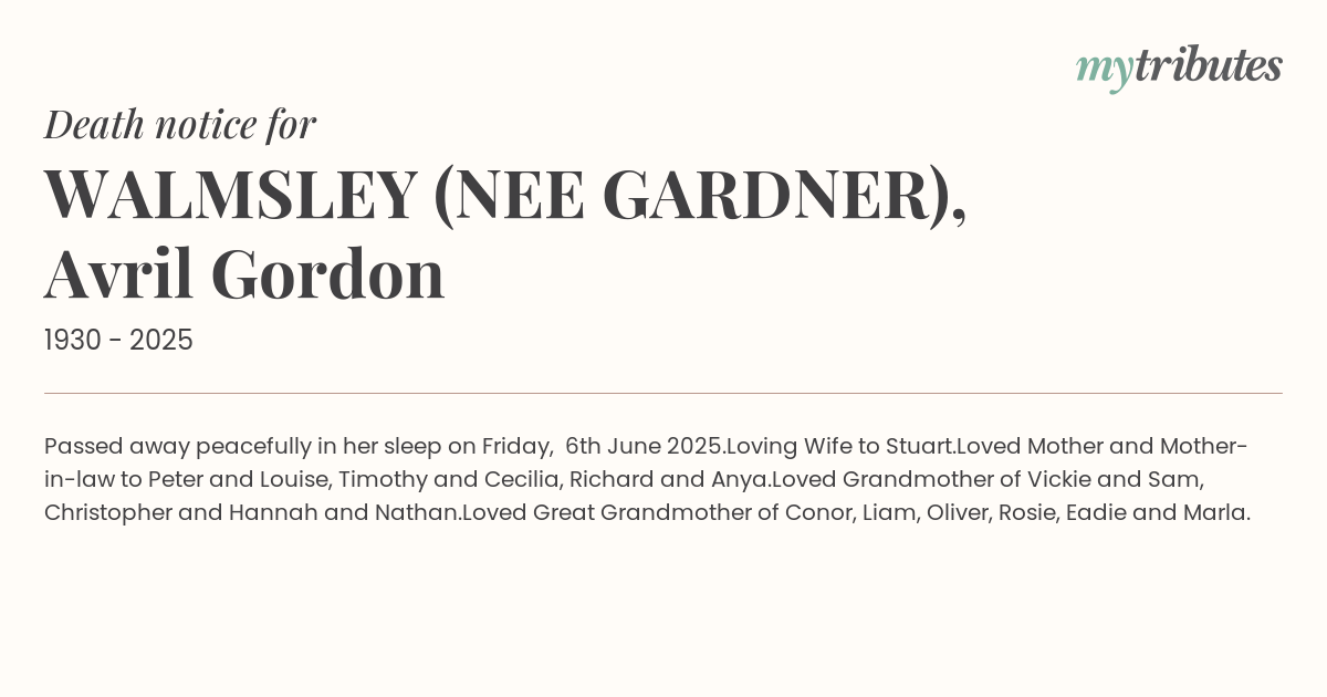 WALMSLEY (NEE GARDNER), Avril Gordon | Death Notices | Adelaide | My ...