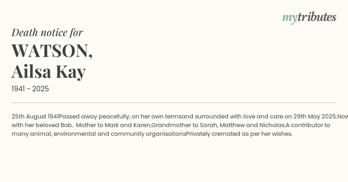 WATSON, Ailsa Kay | Death Notices | Brisbane, Sunshine Coast | My Tributes