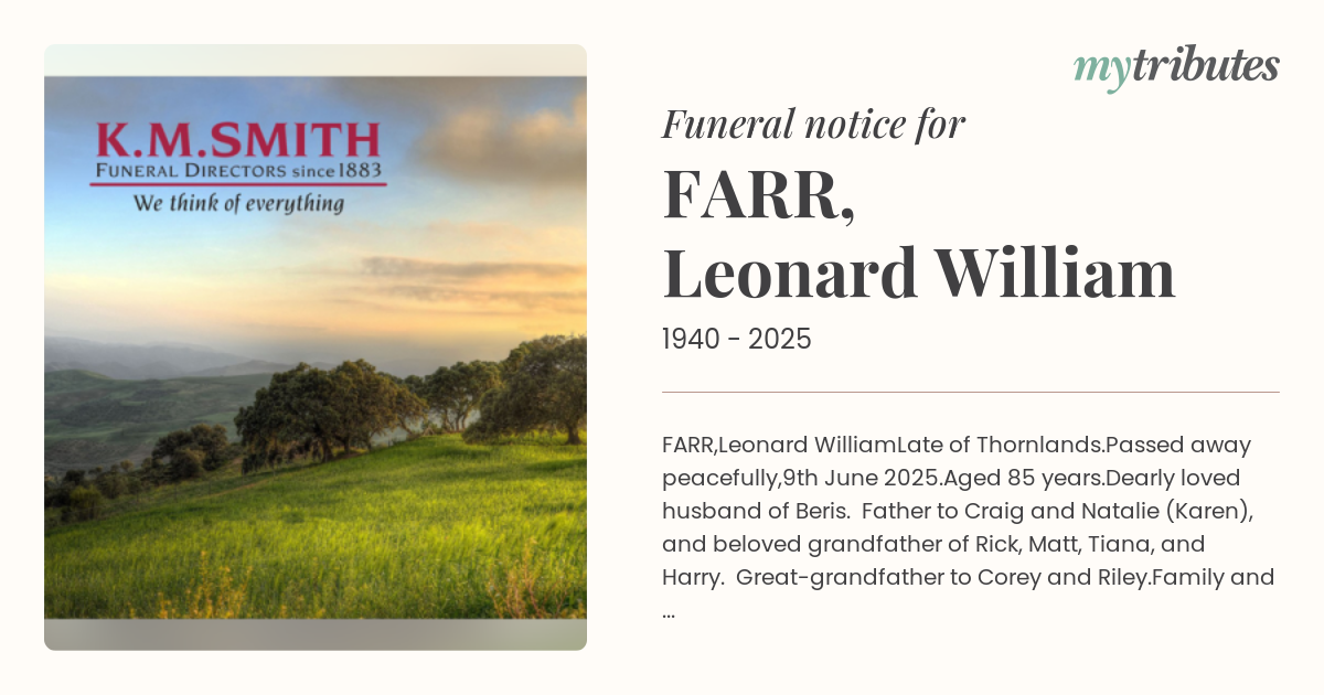 FARR, Leonard William | Funeral Notices | Brisbane | My Tributes