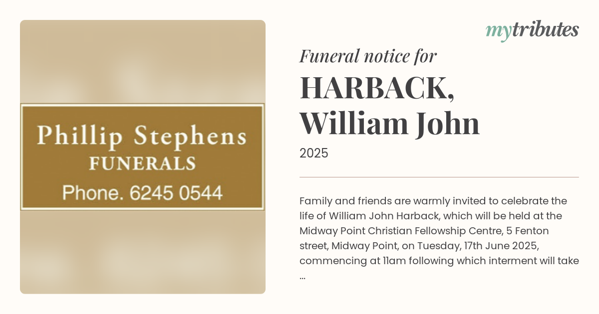 HARBACK, William John | Funeral Notices | Tasmania | My Tributes