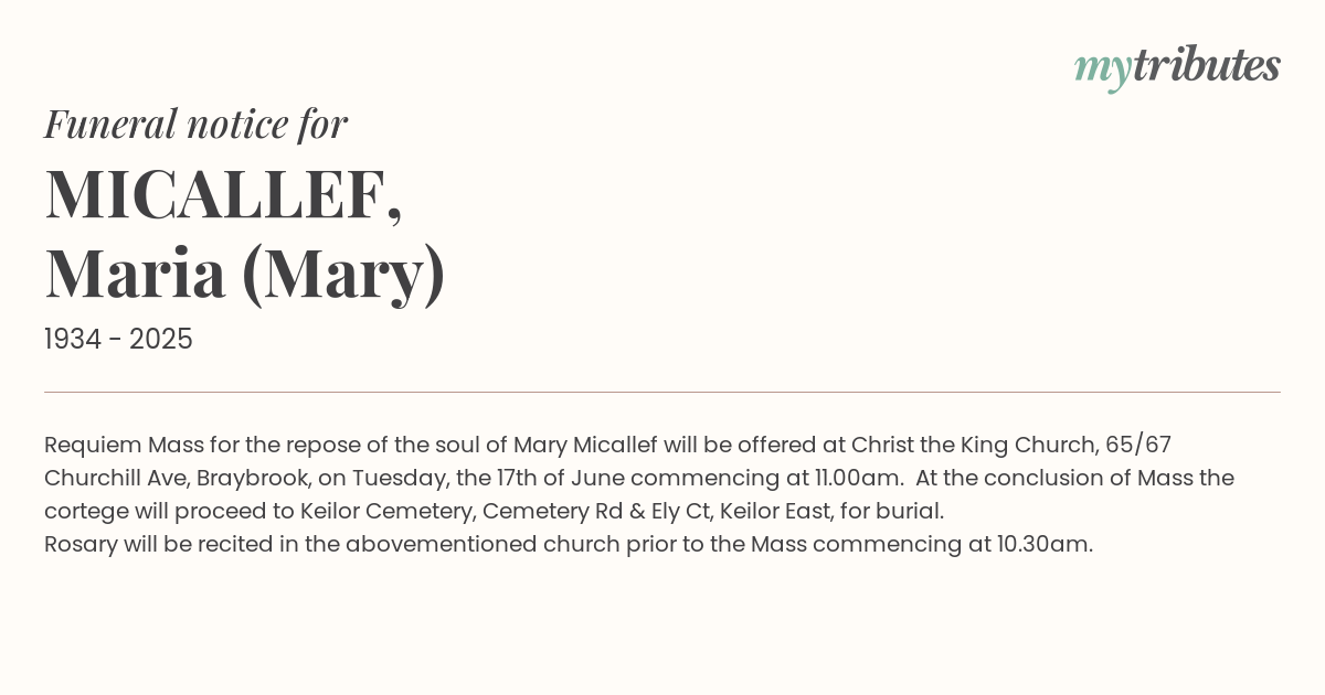 MICALLEF, Maria (Mary) | Funeral Notices | Melbourne | My Tributes
