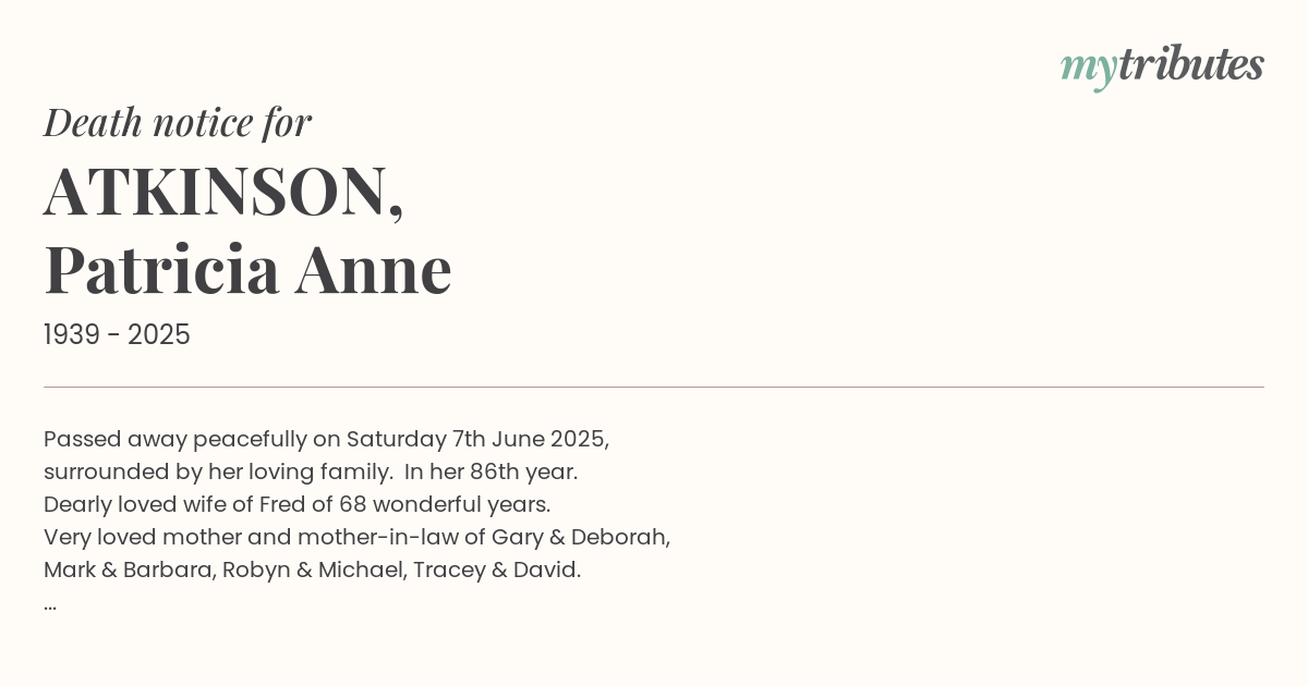 ATKINSON, Patricia Anne | Death Notices | Melbourne | My Tributes