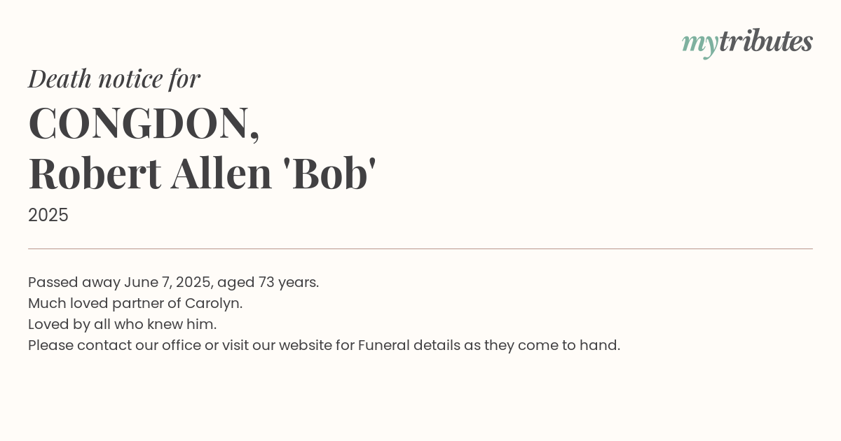 CONGDON, Robert Allen 'Bob' | Death Notices | Adelaide | My Tributes