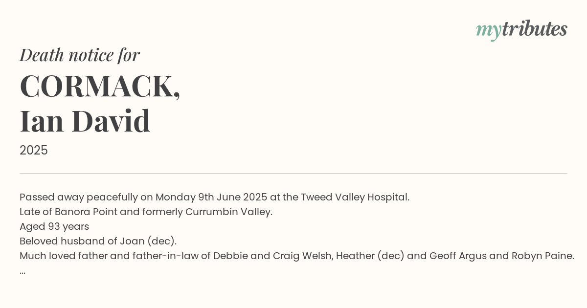 CORMACK, Ian David | Death Notices | Gold Coast | My Tributes