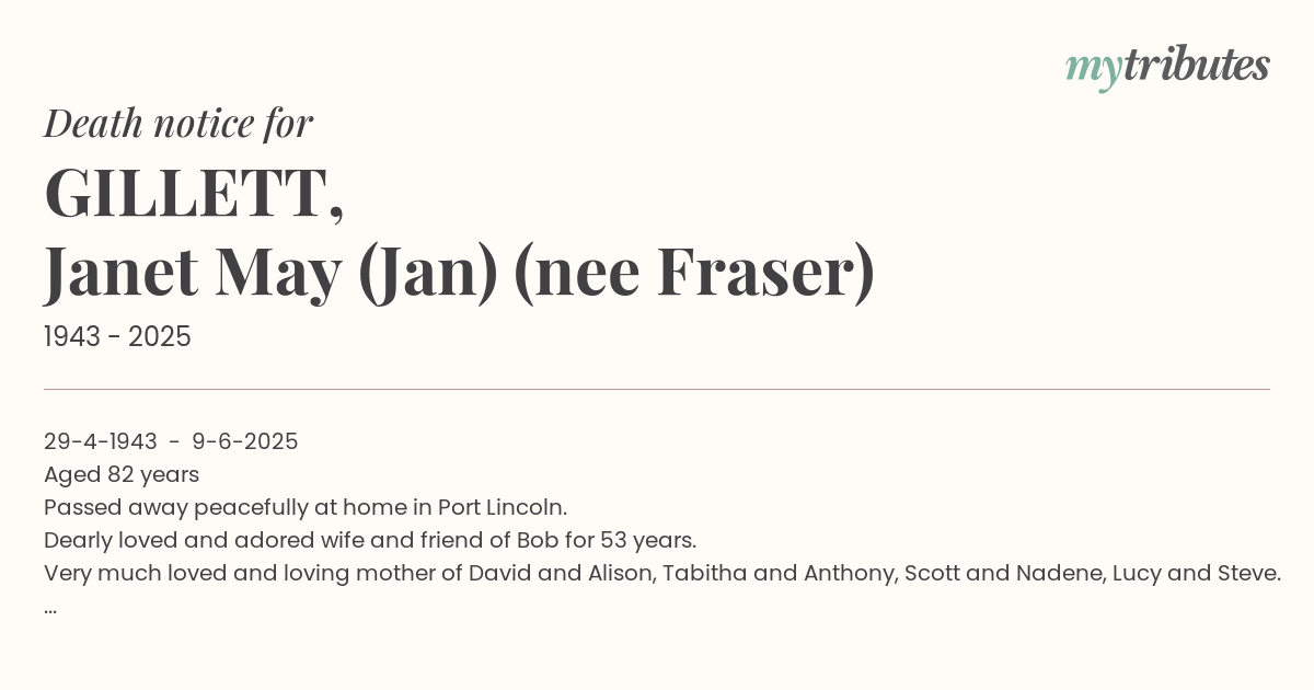 GILLETT, Janet May (Jan) (nee Fraser) | Death Notices | Adelaide | My ...