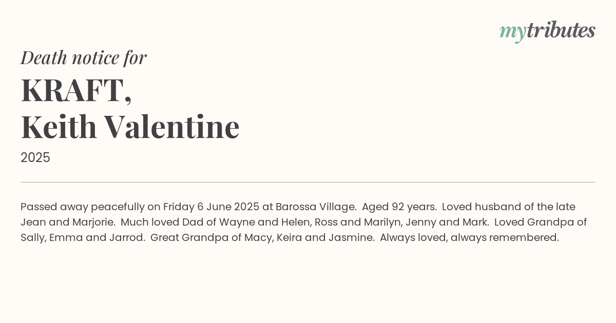 KRAFT, Keith Valentine | Death Notices | Adelaide | My Tributes