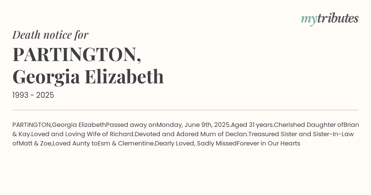 PARTINGTON, Georgia Elizabeth | Death Notices | Adelaide | My Tributes