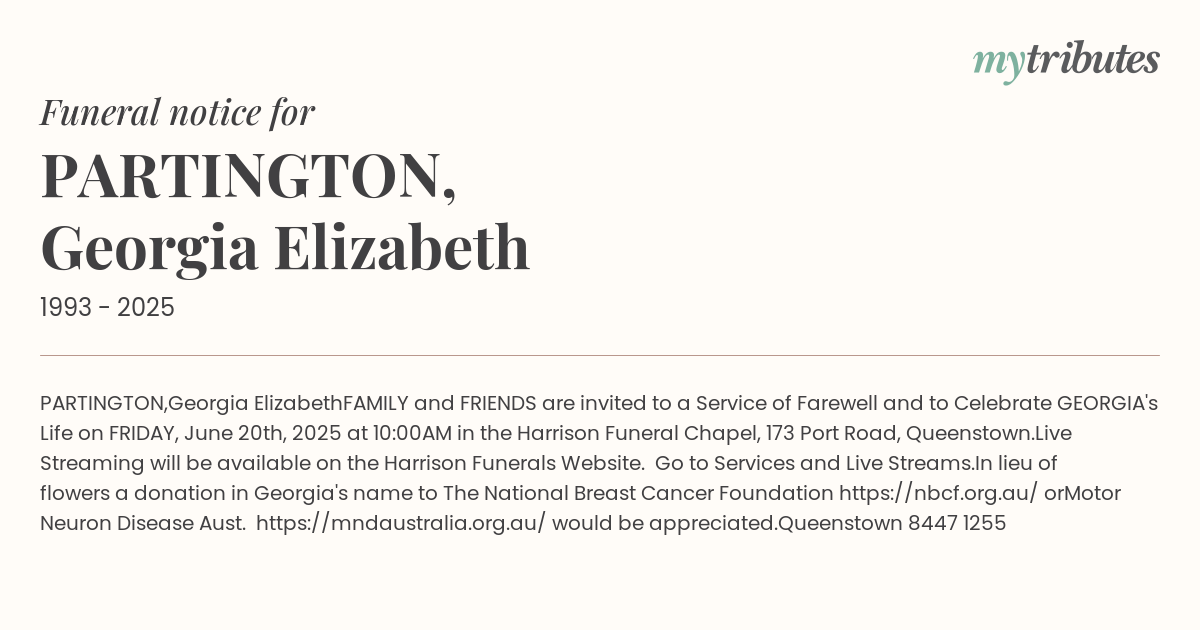 PARTINGTON, Georgia Elizabeth | Funeral Notices | Adelaide | My Tributes