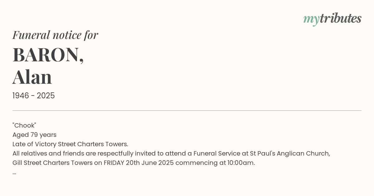 BARON, Alan | Funeral Notices | Townsville | My Tributes
