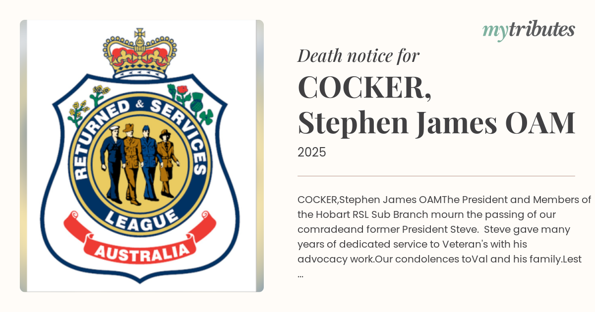 COCKER, Stephen James OAM | Death Notices | Tasmania | My Tributes