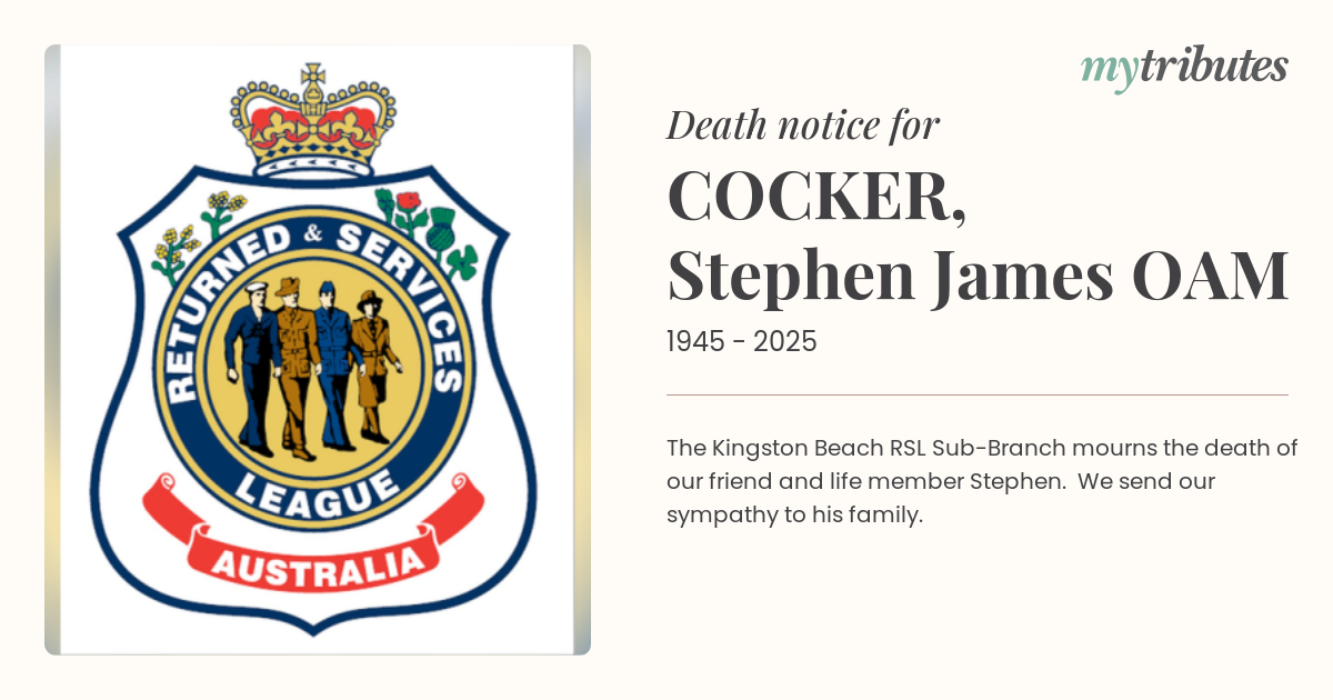 COCKER, Stephen James OAM | Death Notices | Tasmania | My Tributes