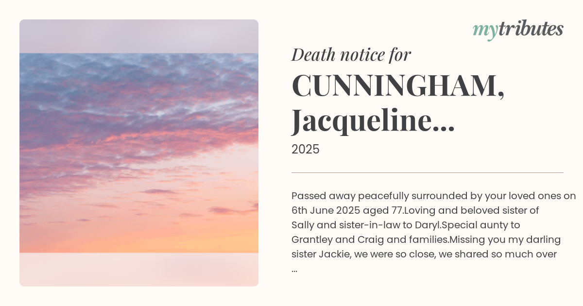 CUNNINGHAM, Jacqueline Grace (Jackie) | Death Notices | Adelaide | My ...