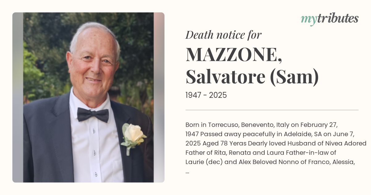 MAZZONE, Salvatore (Sam) | Death Notices | Adelaide | My Tributes