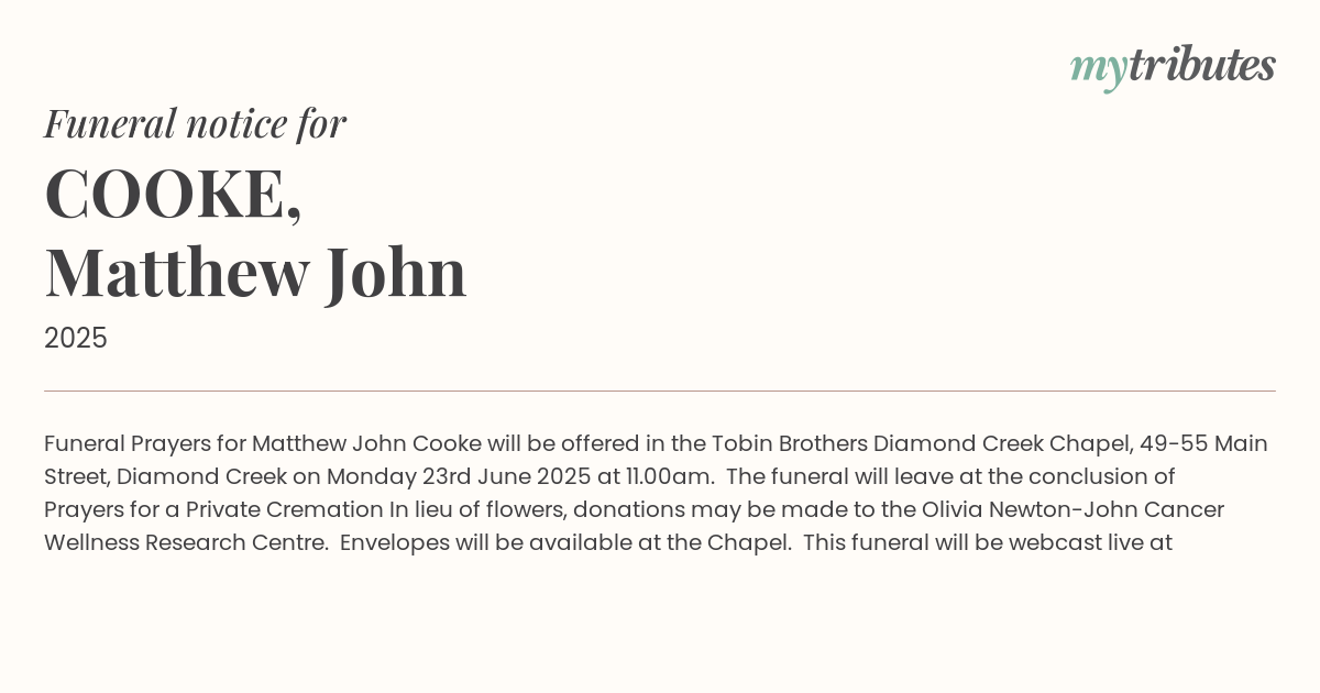 COOKE, Matthew John | Funeral Notices | Melbourne | Herald Sun