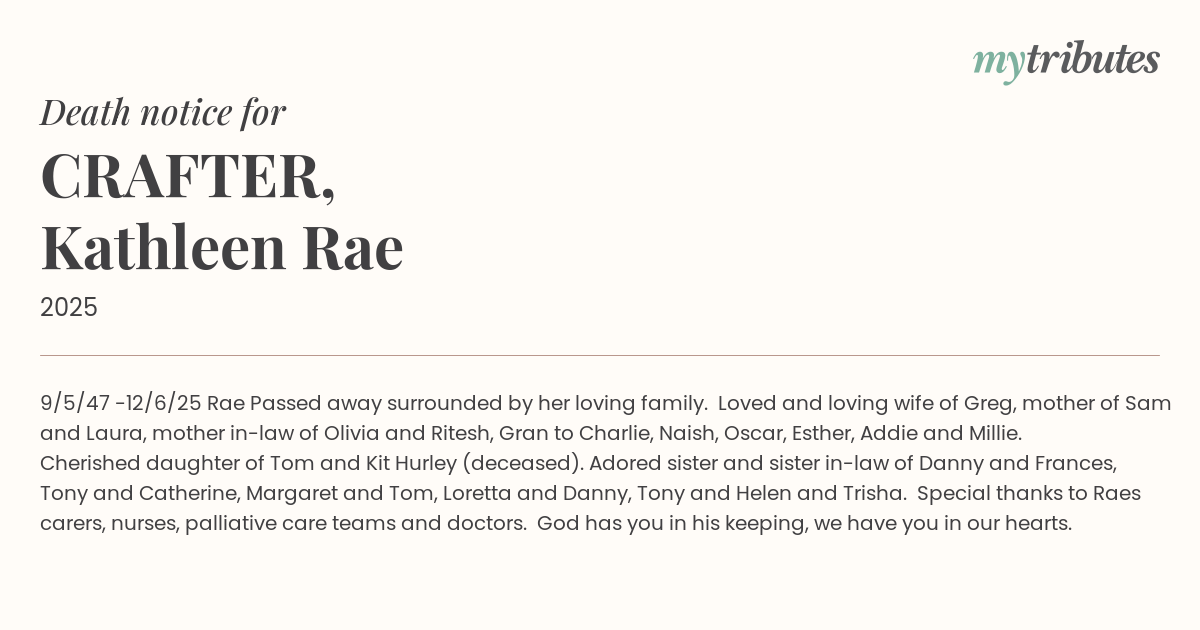 CRAFTER, Kathleen Rae | Death Notices | Adelaide | The Advertiser