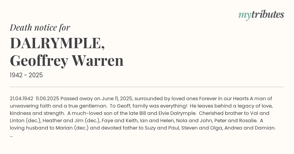 DALRYMPLE, Geoffrey Warren | Death Notices | Melbourne | My Tributes