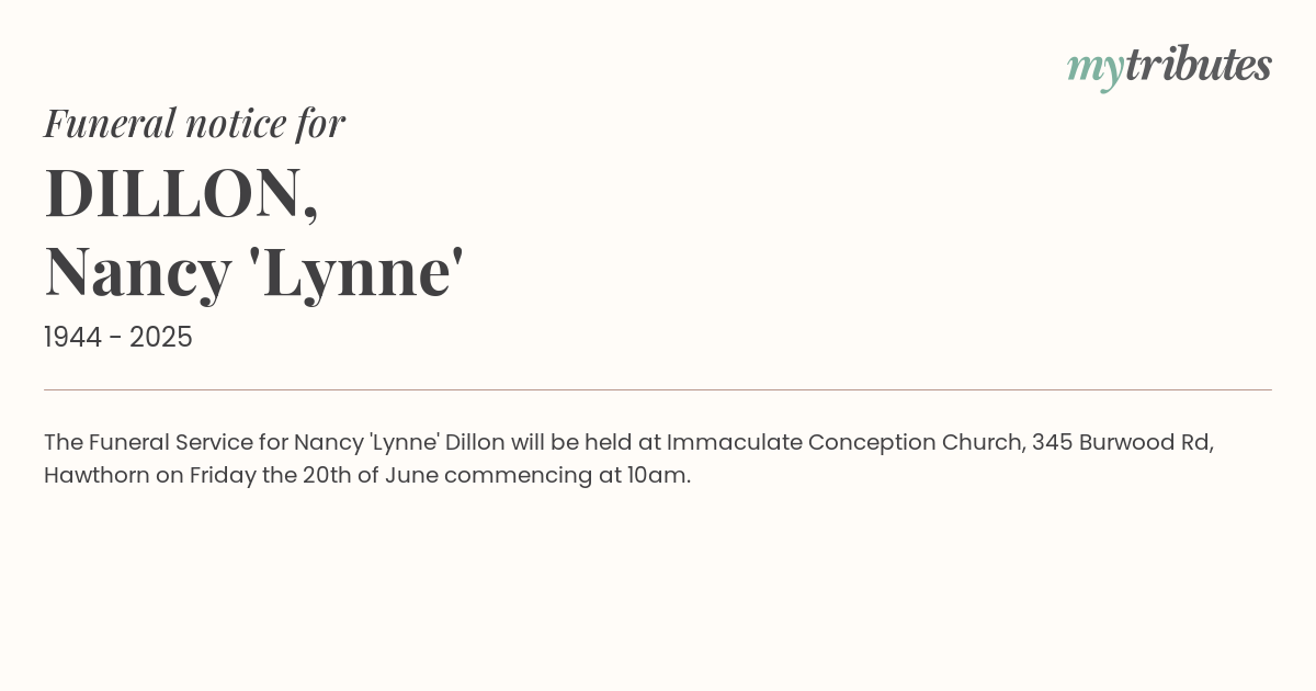 DILLON, Nancy 'Lynne' | Funeral Notices | Melbourne | My Tributes