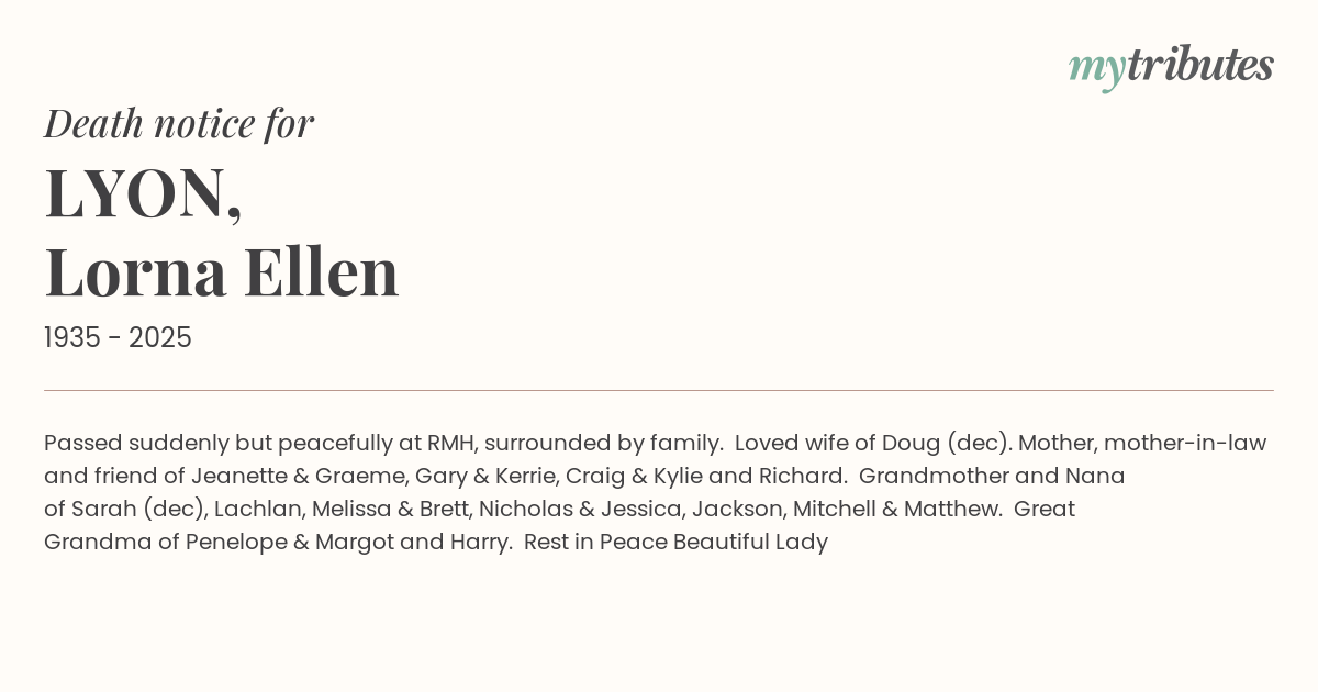 LYON, Lorna Ellen | Death Notices | Melbourne | My Tributes