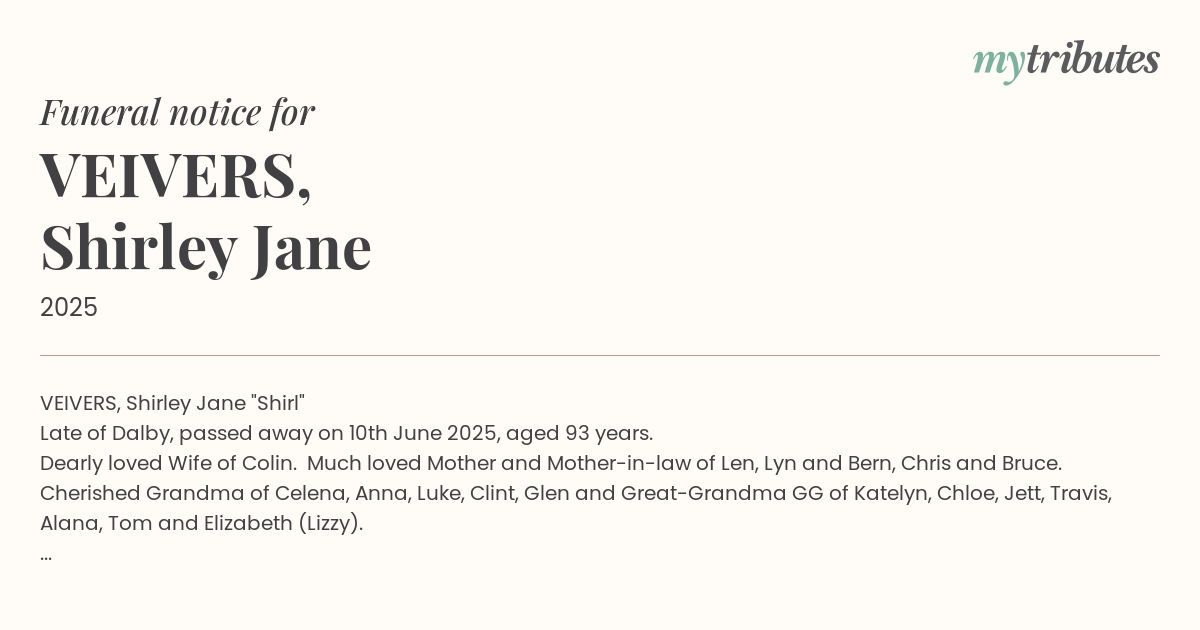 VEIVERS, Shirley Jane | Funeral Notices | Toowoomba / Gatton | My Tributes