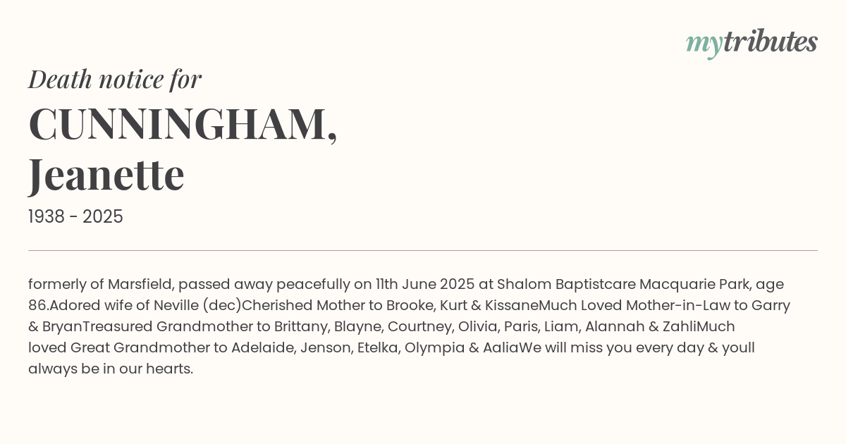 CUNNINGHAM, Jeanette | Death Notices | Sydney | My Tributes