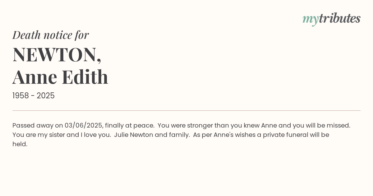 NEWTON, Anne Edith | Death Notices | Melbourne | My Tributes