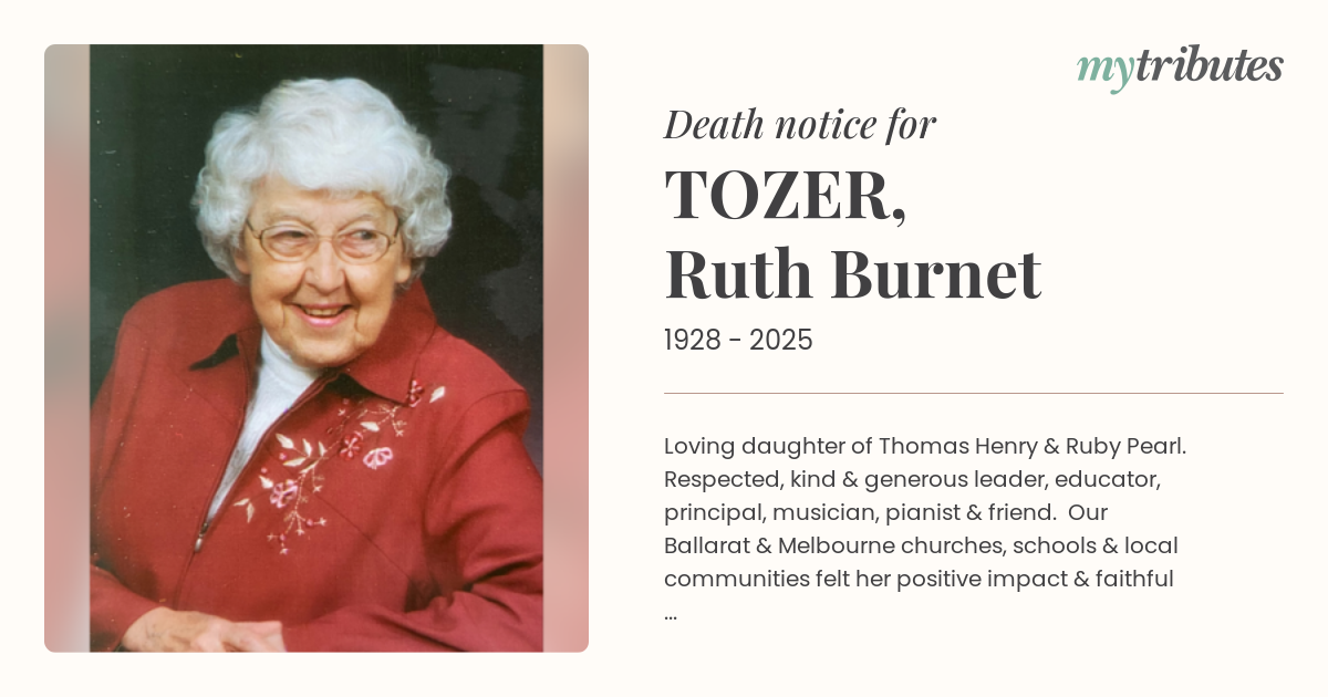 TOZER, Ruth Burnet | Death Notices | Melbourne | My Tributes