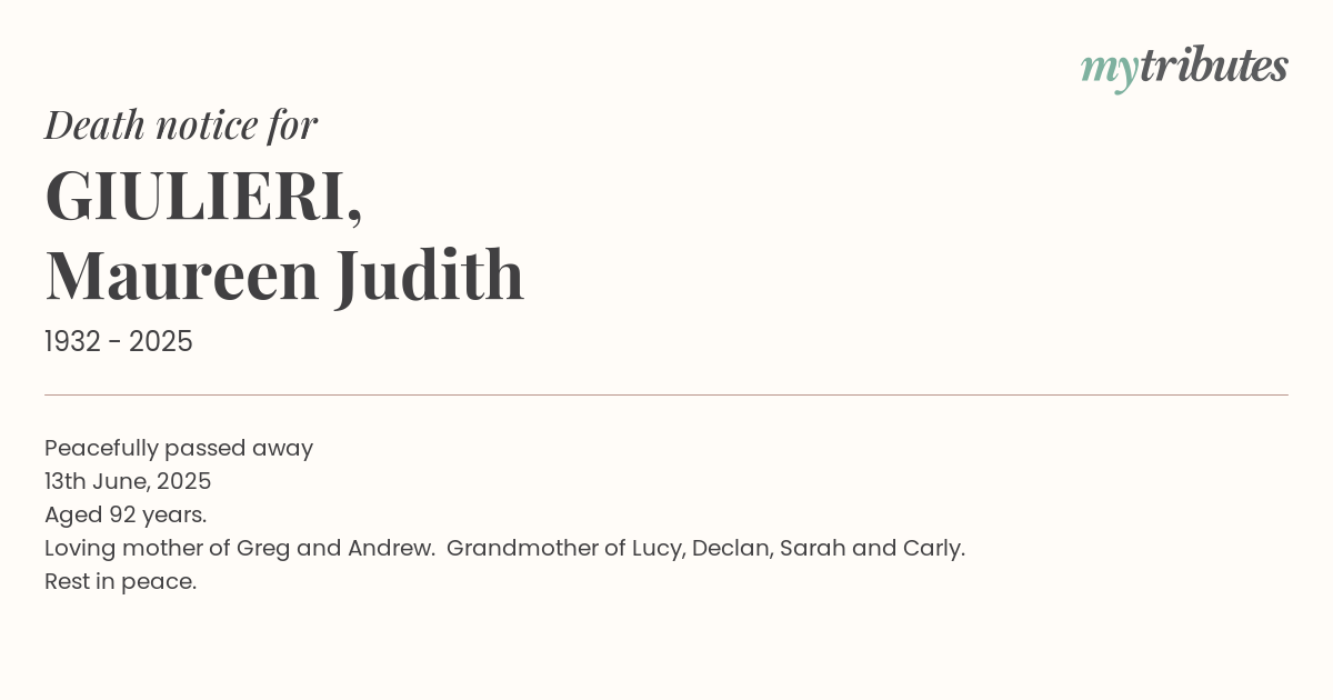 GIULIERI, Maureen Judith | Death Notices | Melbourne | My Tributes