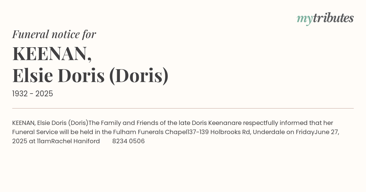 KEENAN, Elsie Doris (Doris) | Funeral Notices | Adelaide | My Tributes