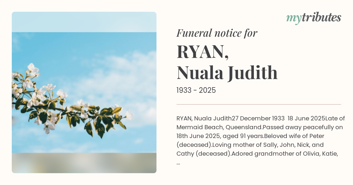 RYAN, Nuala Judith | Funeral Notices | Brisbane, Gold Coast | My Tributes