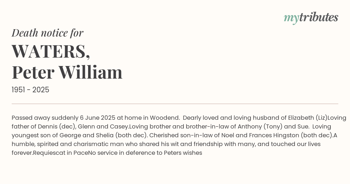 WATERS, Peter William | Death Notices | Melbourne | My Tributes