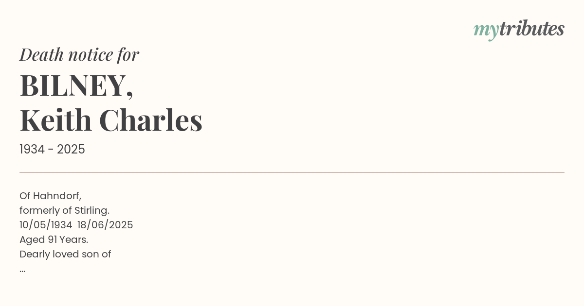 BILNEY, Keith Charles | Death Notices | Adelaide | My Tributes