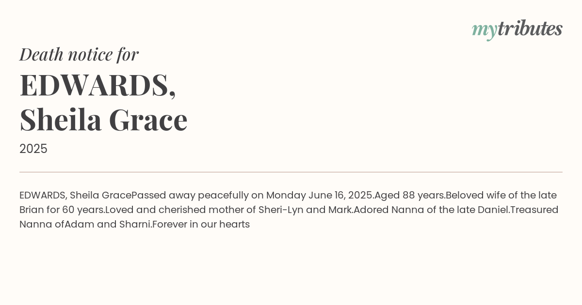 EDWARDS, Sheila Grace | Death Notices | Adelaide | My Tributes