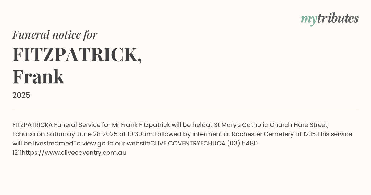 FITZPATRICK, Frank | Funeral Notices | Melbourne | My Tributes