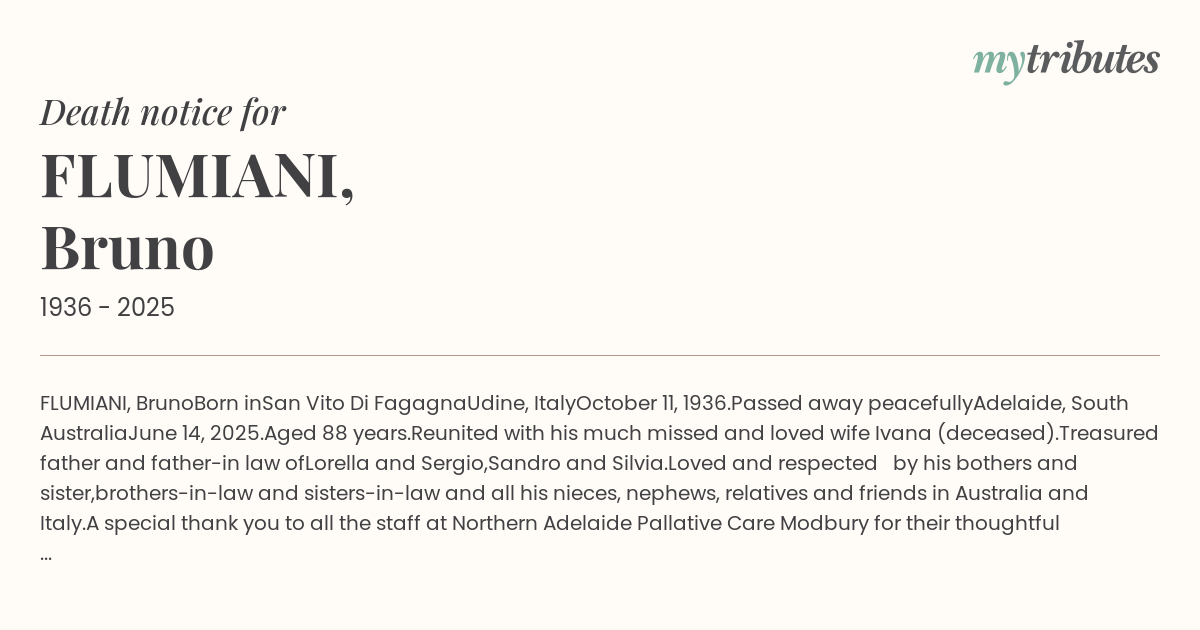 FLUMIANI, Bruno | Death Notices | Adelaide | My Tributes