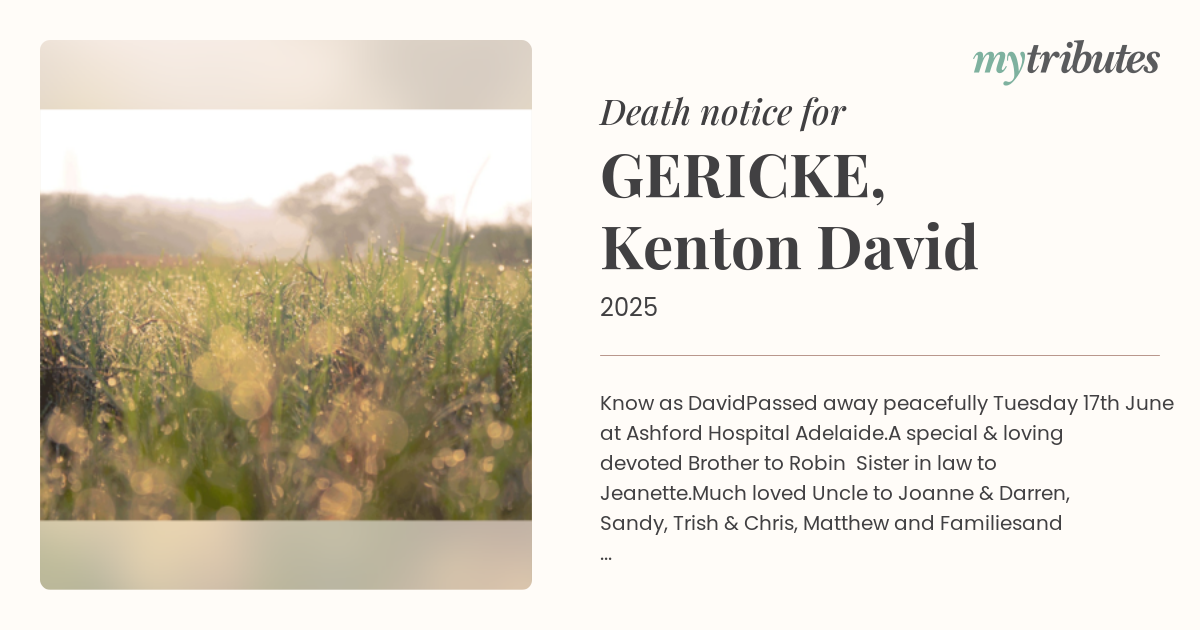 GERICKE, Kenton David | Death Notices | Adelaide | The Advertiser