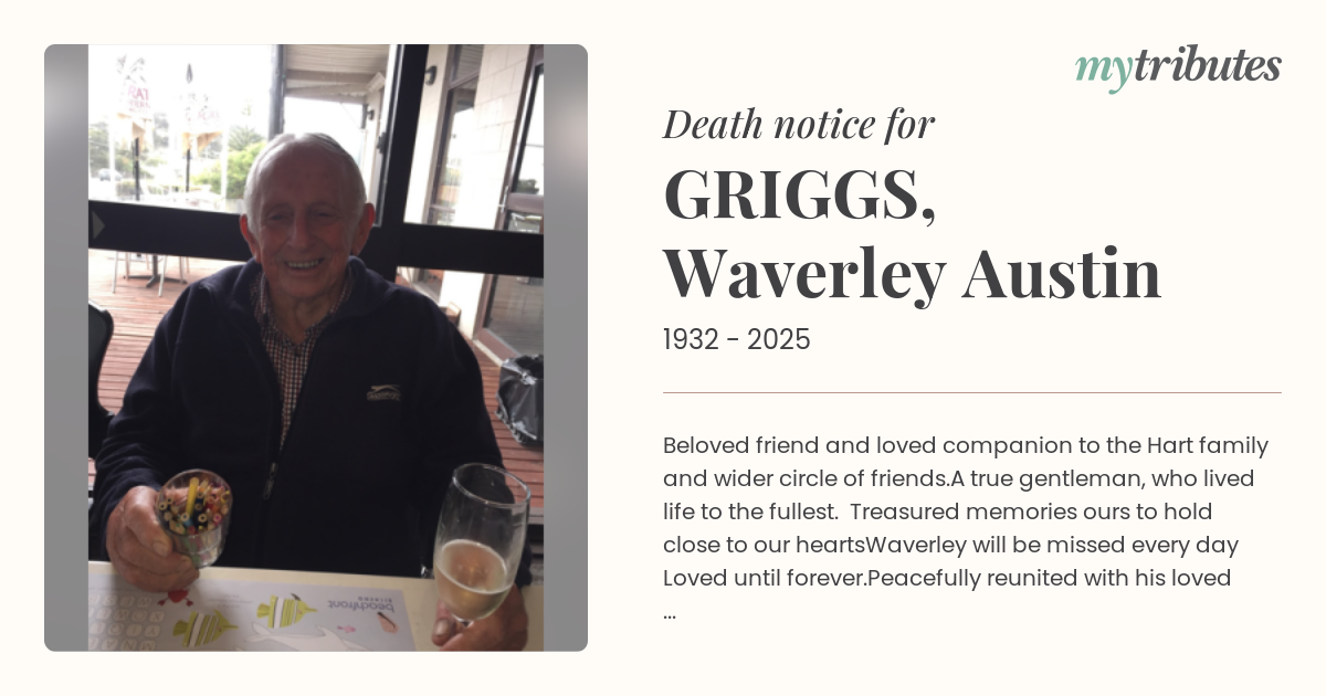 GRIGGS, Waverley Austin | Death Notices | Tasmania | My Tributes