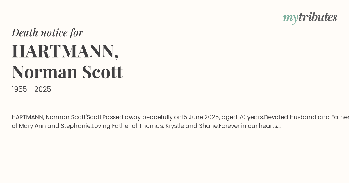 HARTMANN, Norman Scott | Death Notices | Adelaide | My Tributes