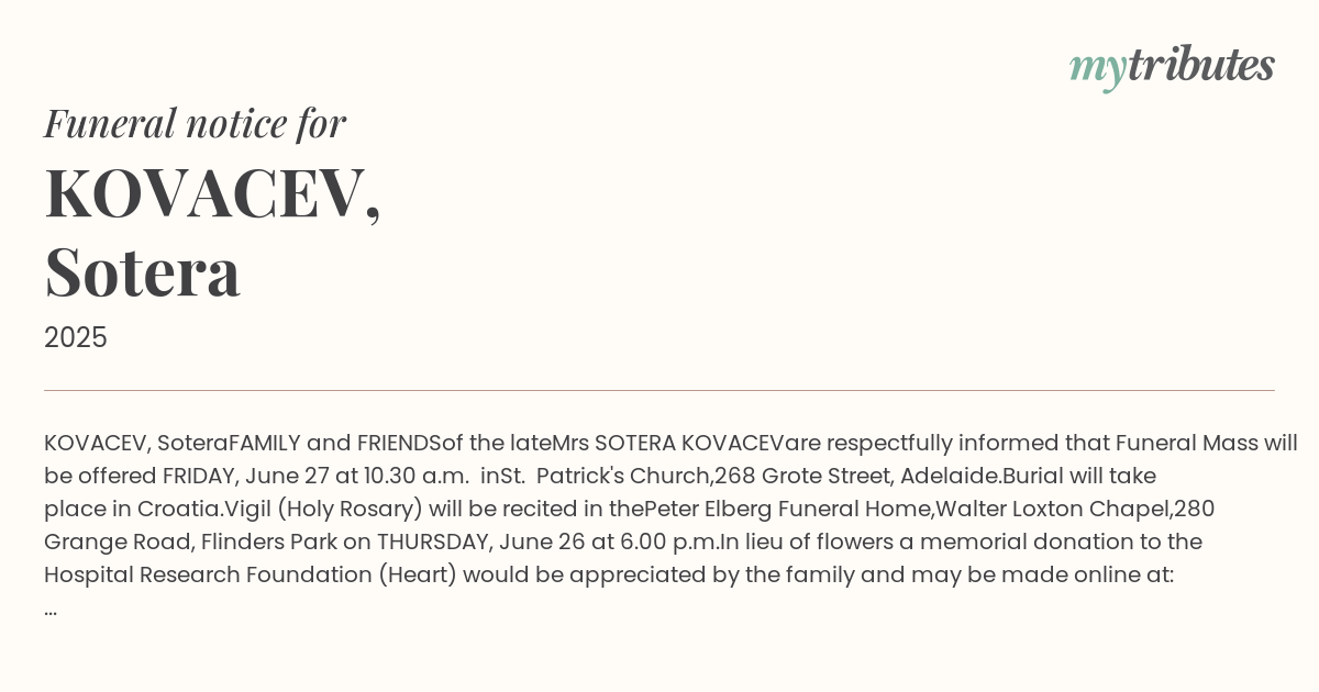 KOVACEV, Sotera | Funeral Notices | Adelaide | The Advertiser