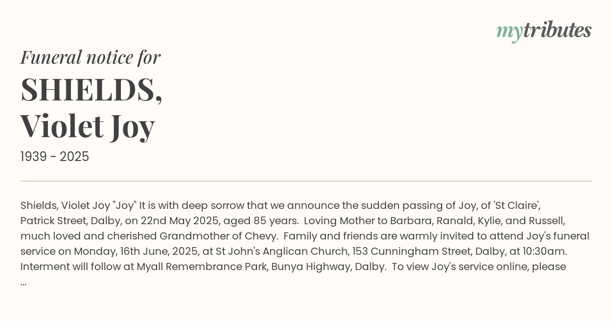 SHIELDS, Violet Joy | Funeral Notices | Toowoomba / Gatton | My Tributes