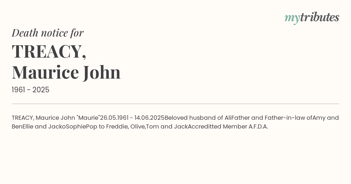 TREACY, Maurice John | Death Notices | Adelaide | My Tributes