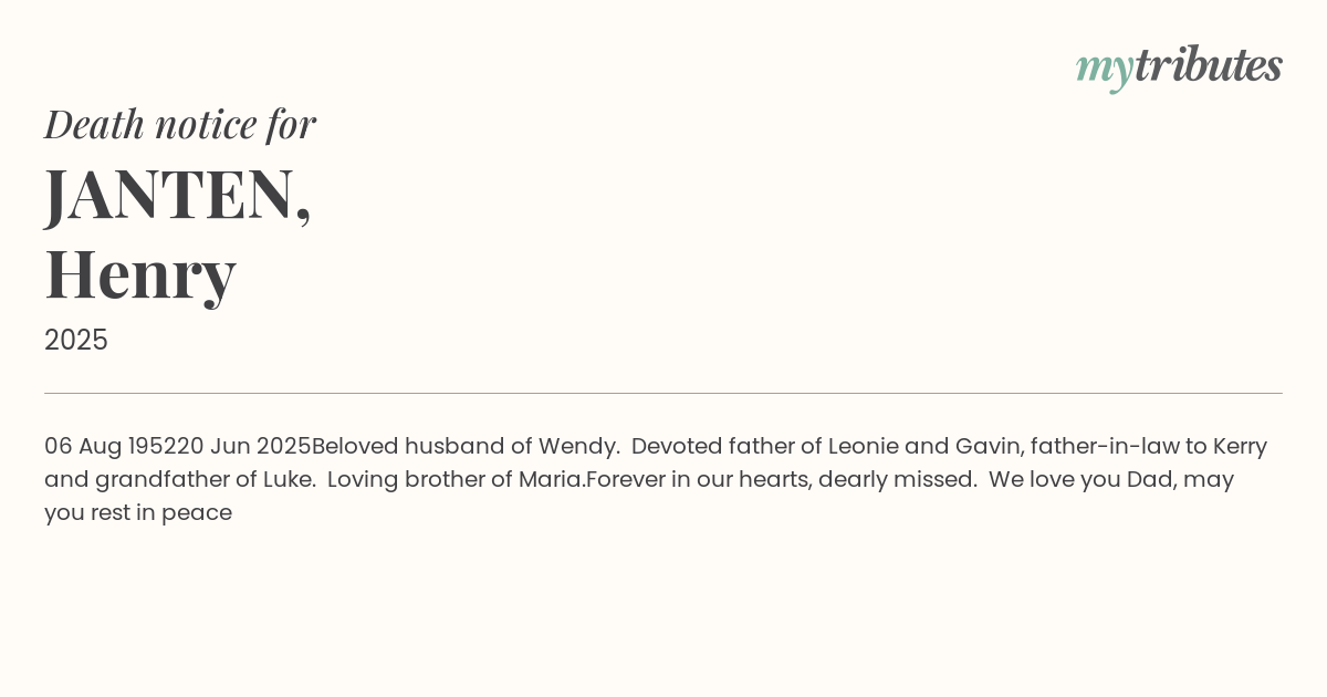 JANTEN, Henry | Death Notices | Melbourne | My Tributes