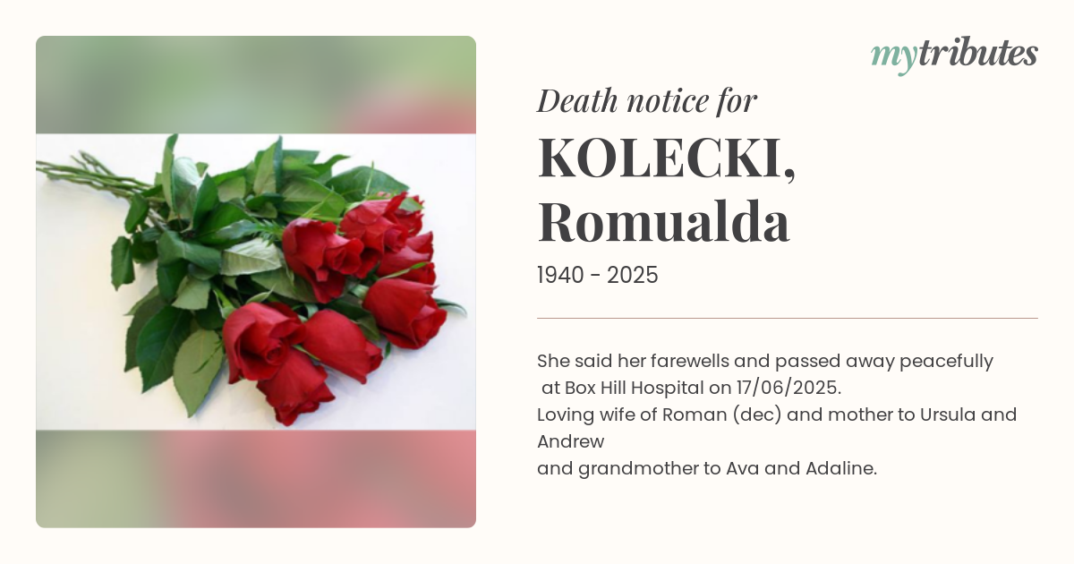 KOLECKI, Romualda | Death Notices | Melbourne | My Tributes