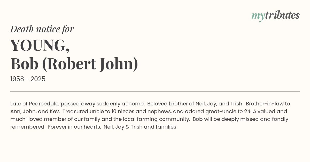 YOUNG, Bob (Robert John) | Death Notices | Melbourne | Herald Sun