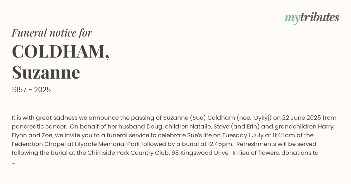 COLDHAM, Suzanne | Funeral Notices | Melbourne | My Tributes