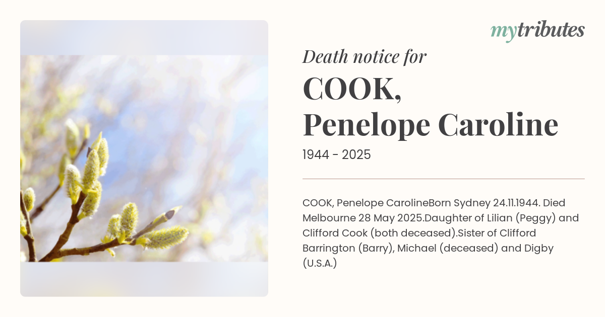 COOK, Penelope Caroline | Death Notices | Melbourne | My Tributes