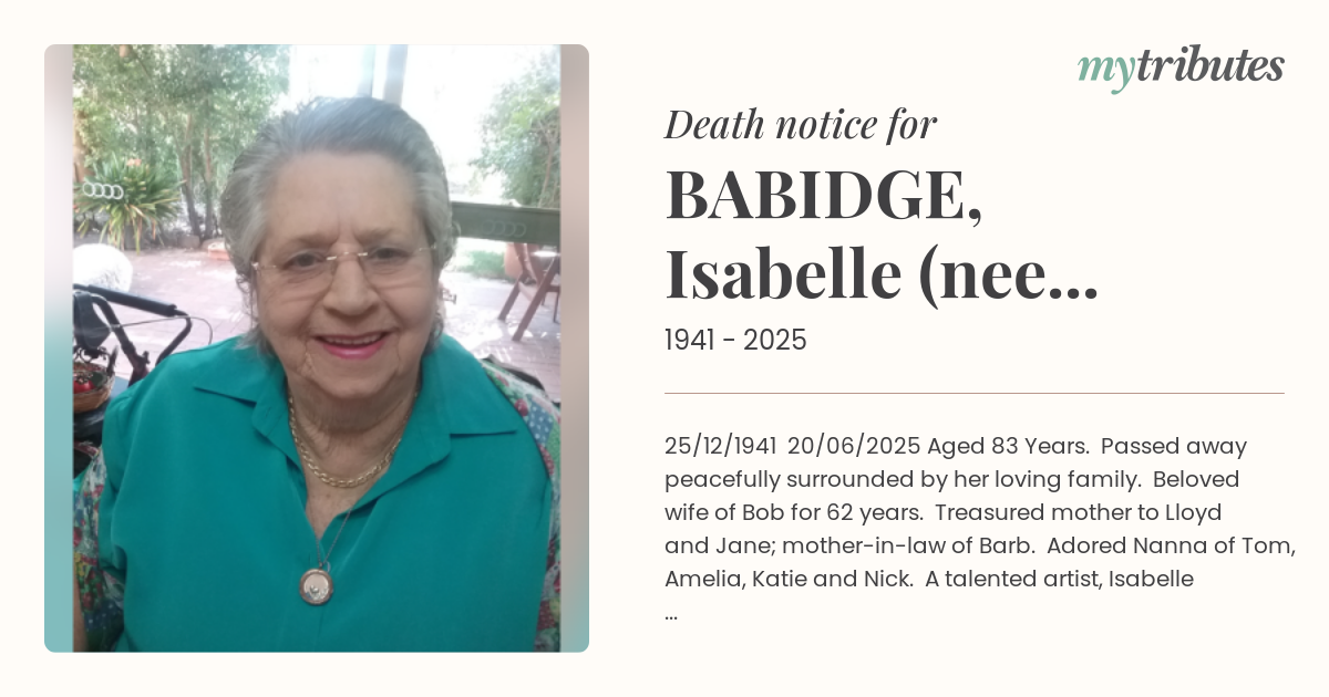 BABIDGE, Isabelle (nee Davis) | Death Notices | Adelaide | My Tributes