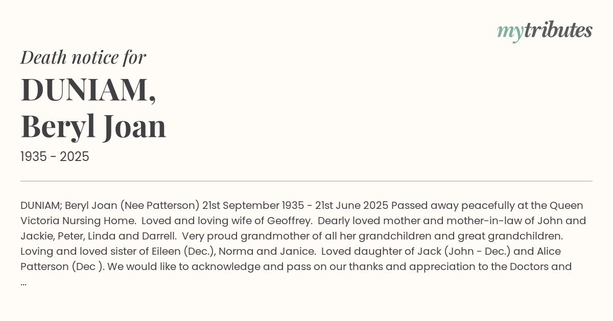 DUNIAM, Beryl Joan | Death Notices | Tasmania | My Tributes