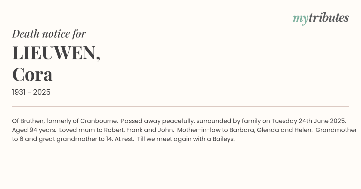 LIEUWEN, Cora | Death Notices | Melbourne | My Tributes