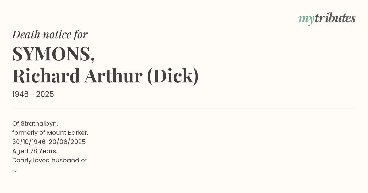 SYMONS, Richard Arthur (Dick) | Death Notices | Adelaide | The Advertiser