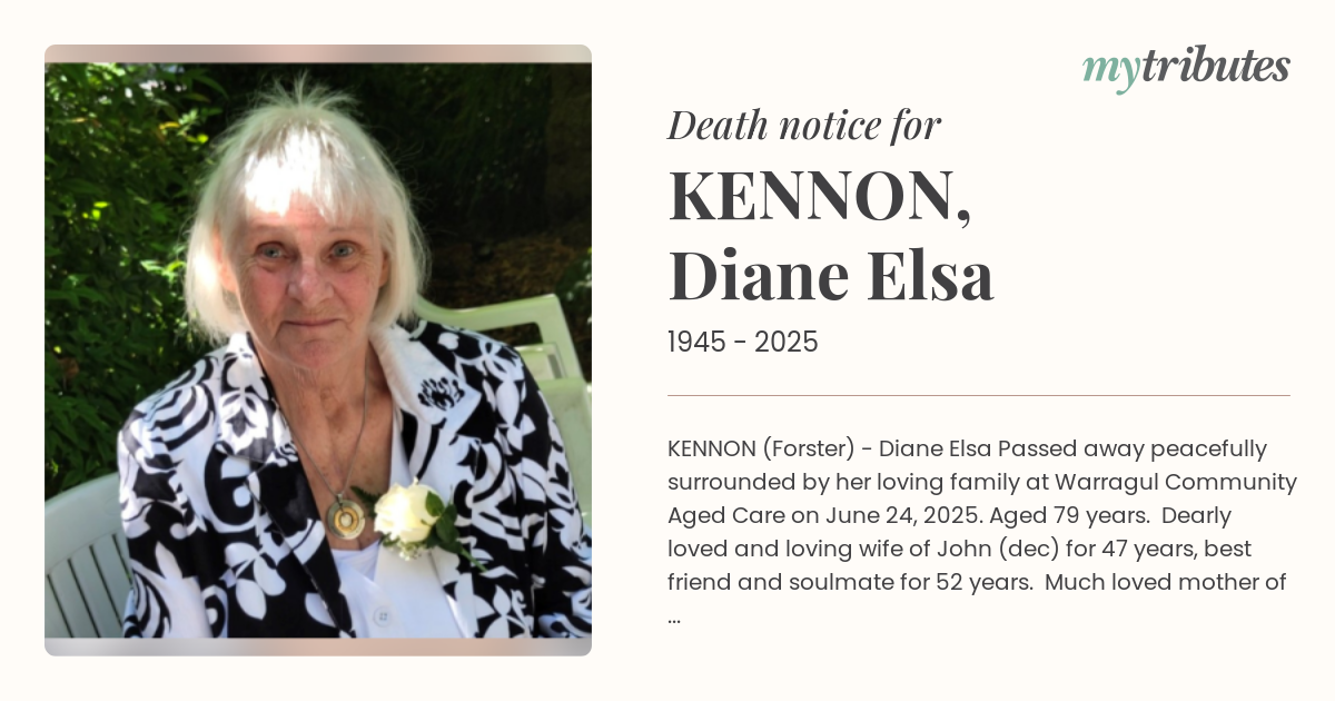 KENNON, Diane Elsa | Death Notices | Melbourne | My Tributes